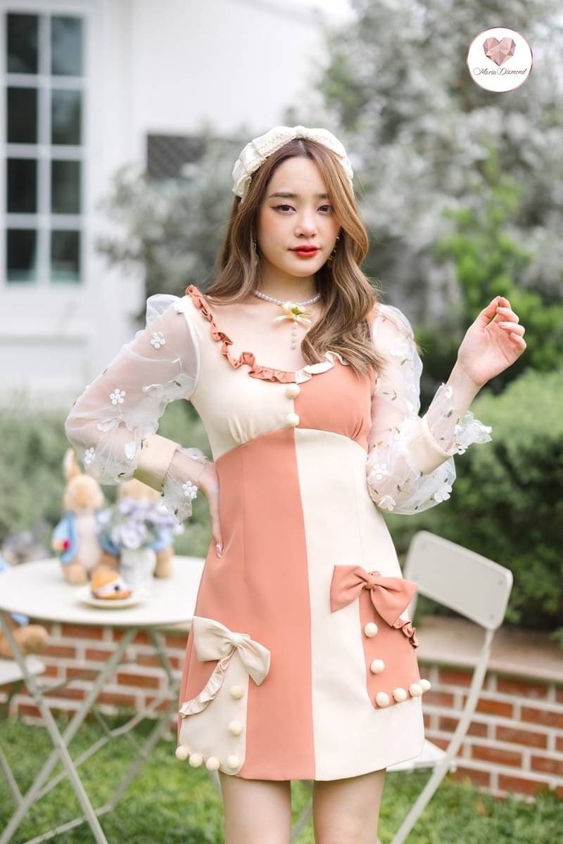 Maria Diamond Brand การันตีเสื้อผ้าแบรนด์แท้ มินิเดรสแขนยาว สีส้มพีช ...