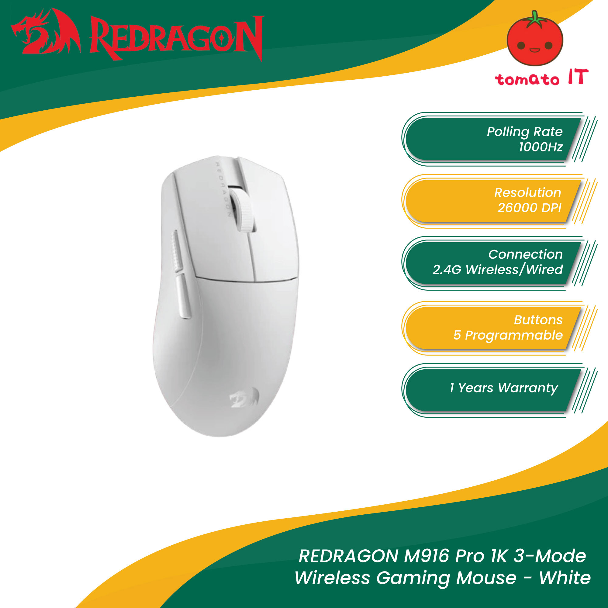 REDRAGON M916 Pro 1K 3-Mode Wireless Gaming Mouse - Black/Pink/White ...