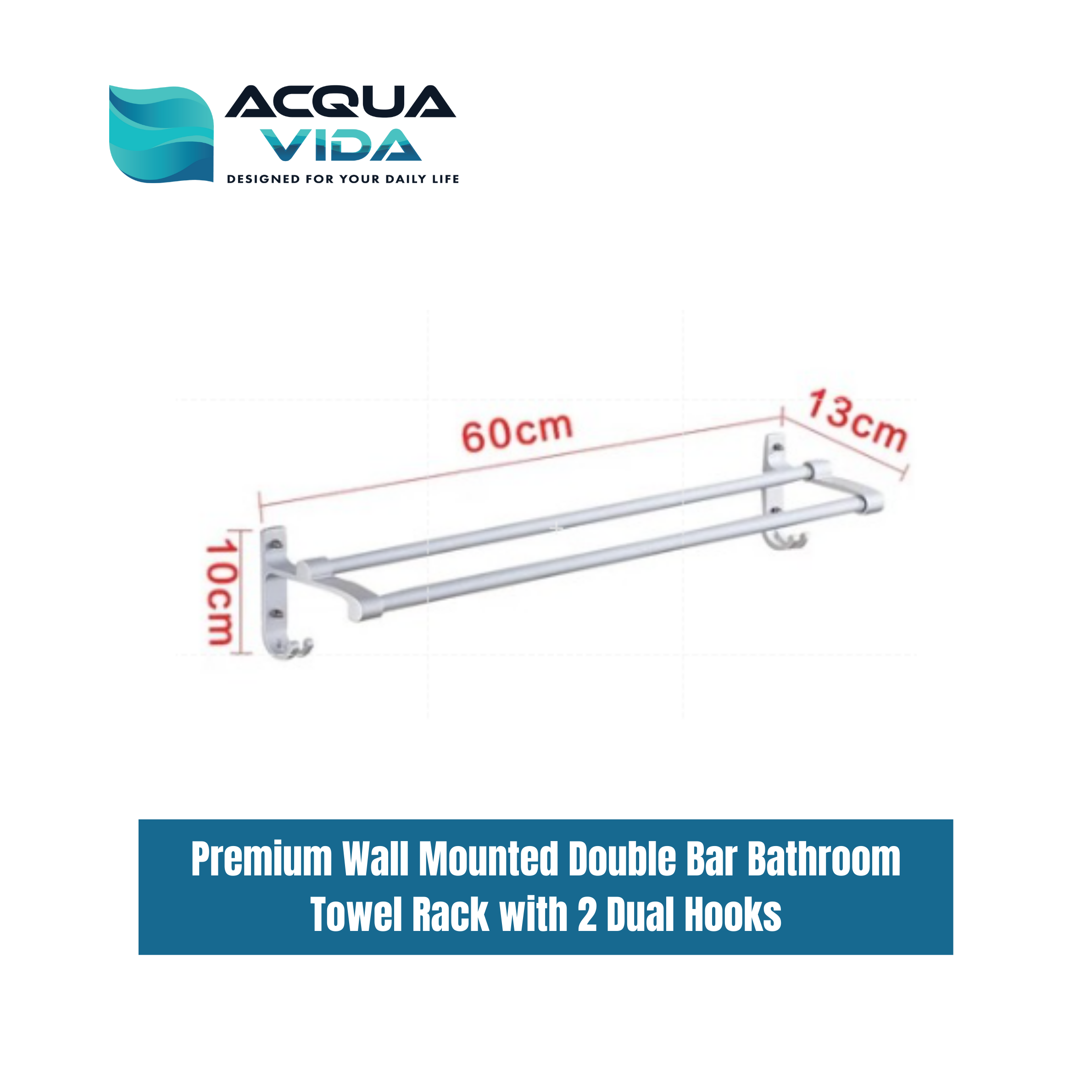 Premium Wall Mounted Double Bar Bathroom Towel Rack with 2 Dual Hooks ...