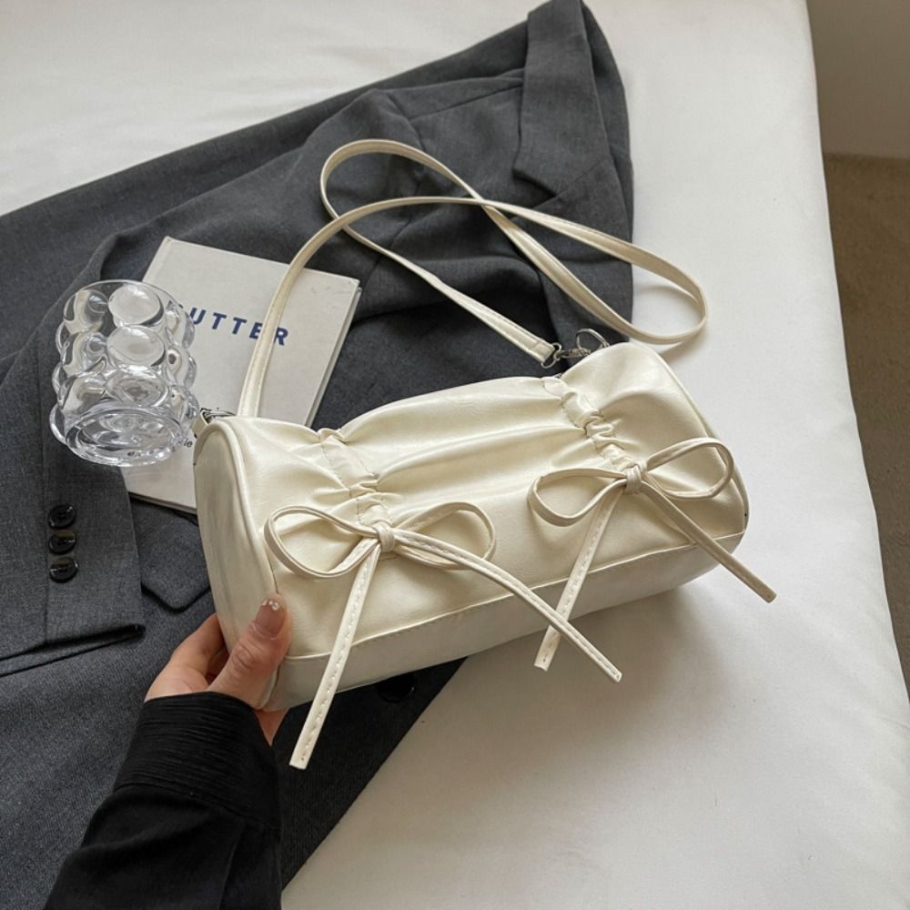 Alice Xu สไตล์เกาหลีแบบ กระเป๋าถือมีโบว์ เสื้อมีจีบ Balletcore กระเป๋าสะพายไหล่ผูกโบว์ หวาน