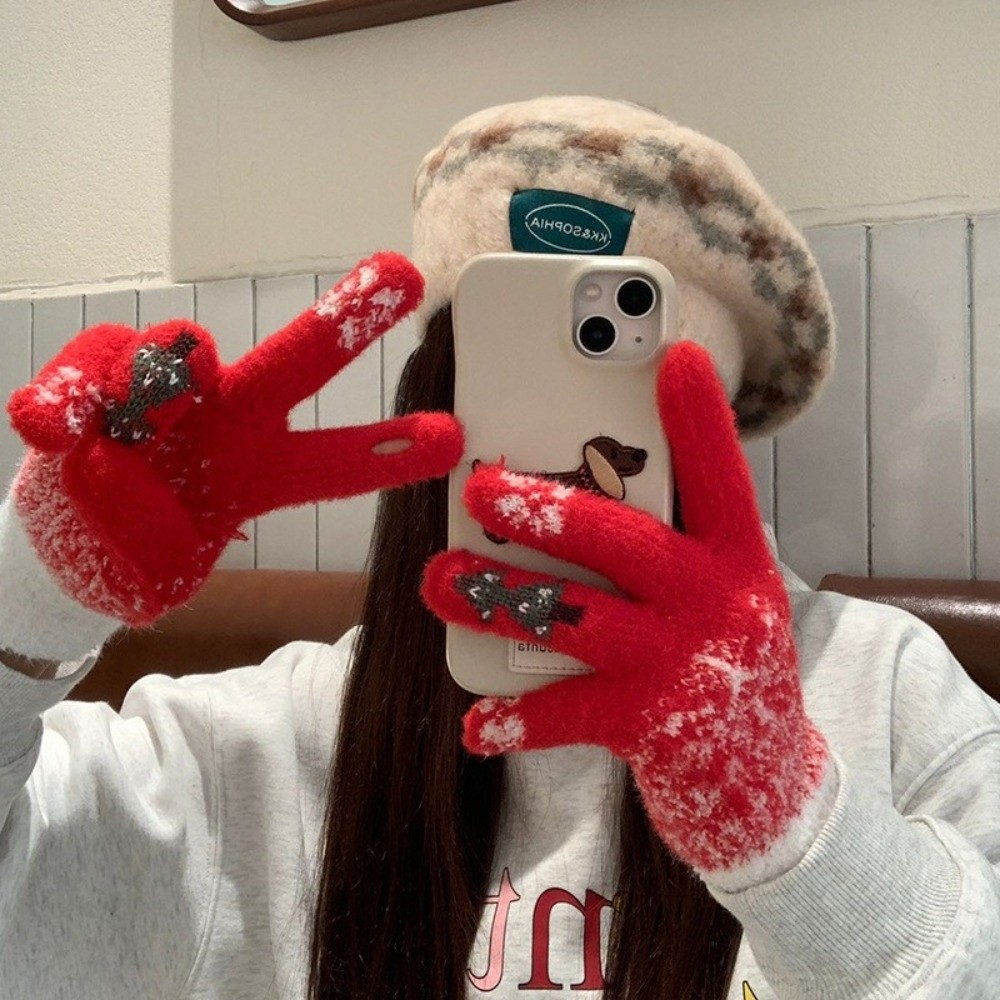 Cute Touch Screen Christmas Knitted Gloves Thicken Plush Women Mittens ...