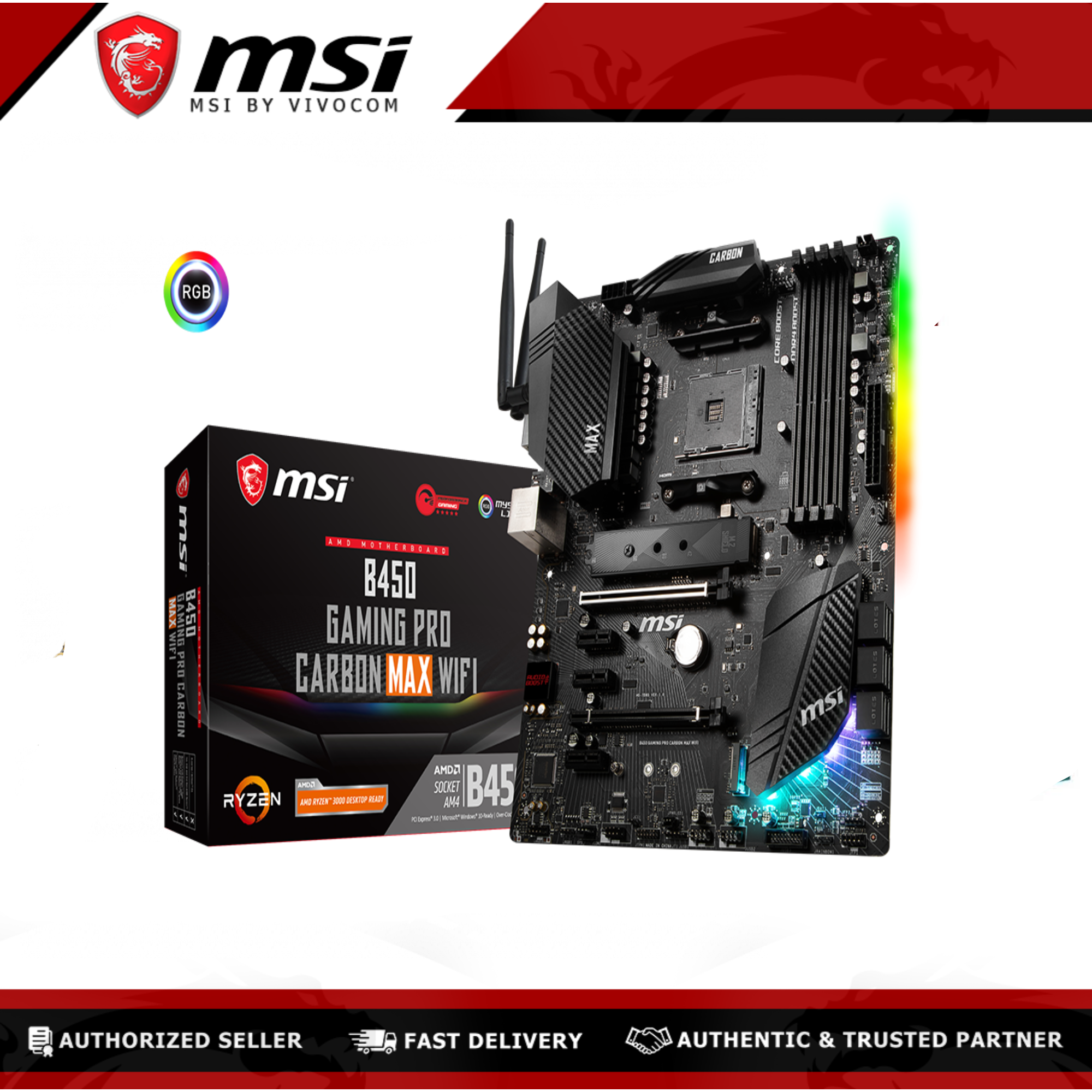 MSi B450 GAMING PRO CARBON MAX WIFI Gaming Motherboard with AMD Turbo ...