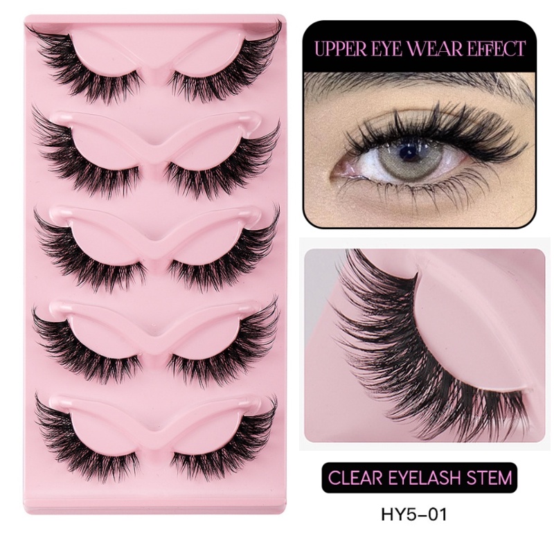 5 Pairs Cat Eye Fox Eye False Eyelashes Clear Stem 3D Fluffy Strip ...
