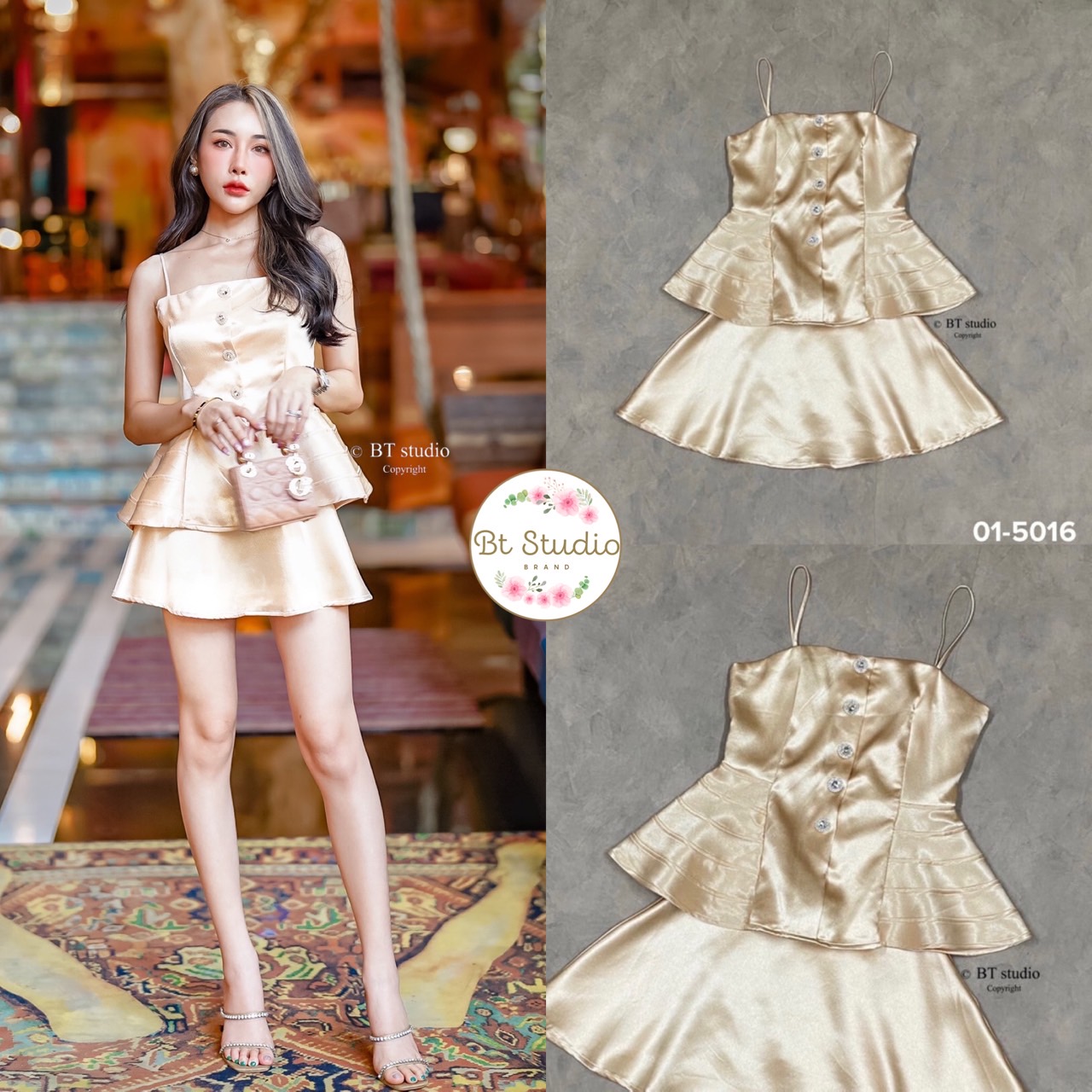 งานป้าย BT-Studio set 2ชิ้นเสื้อสายเดี่ยวแต่งกระดุมหลอกเพรชเรียงกัน ด้านข้างเย็บตัดกุ้นเป็นชั้นๆ ...