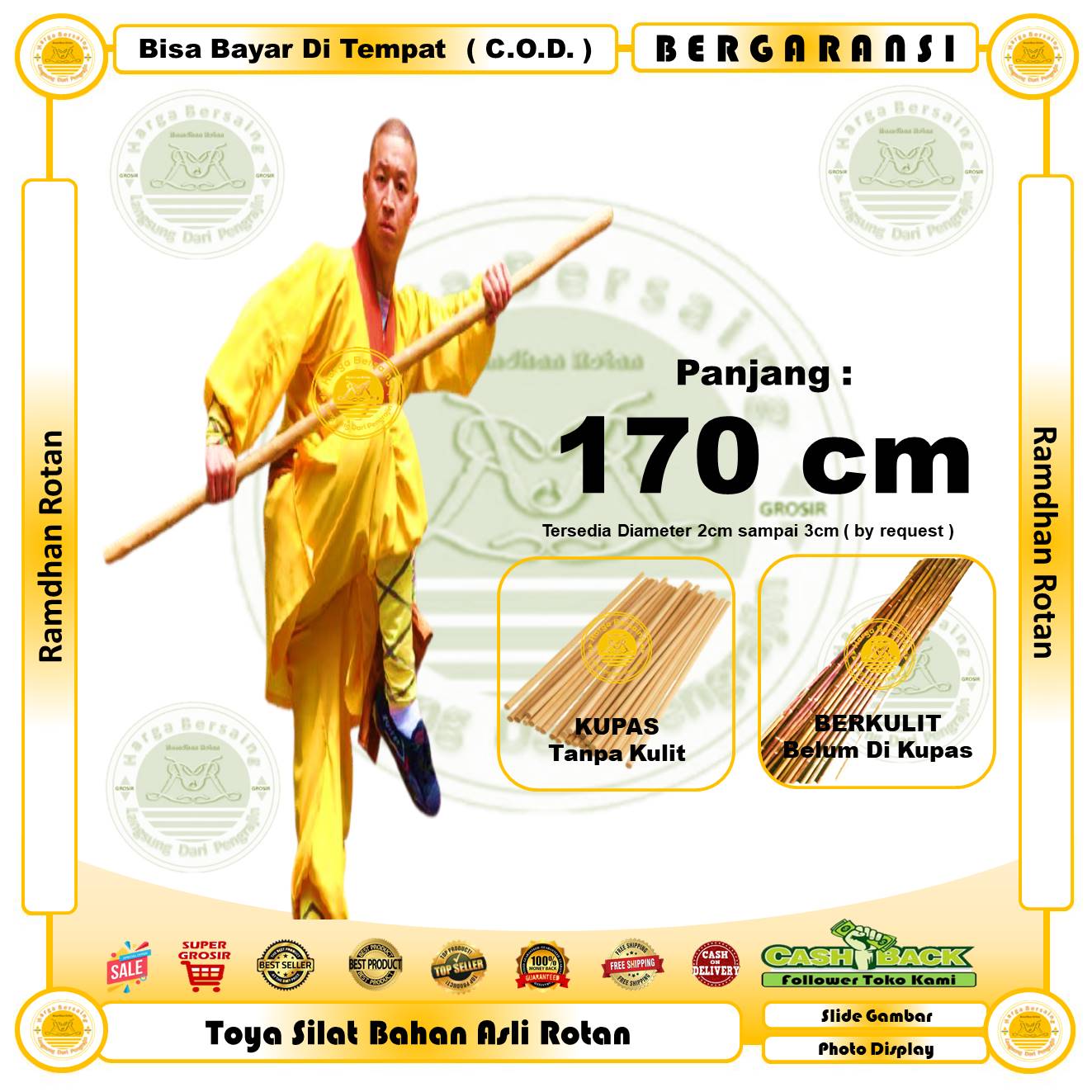 Toya Rotan Panjang 170 Cm / Ramdhan Rotan / Rotan Batang / Toya Pencak ...