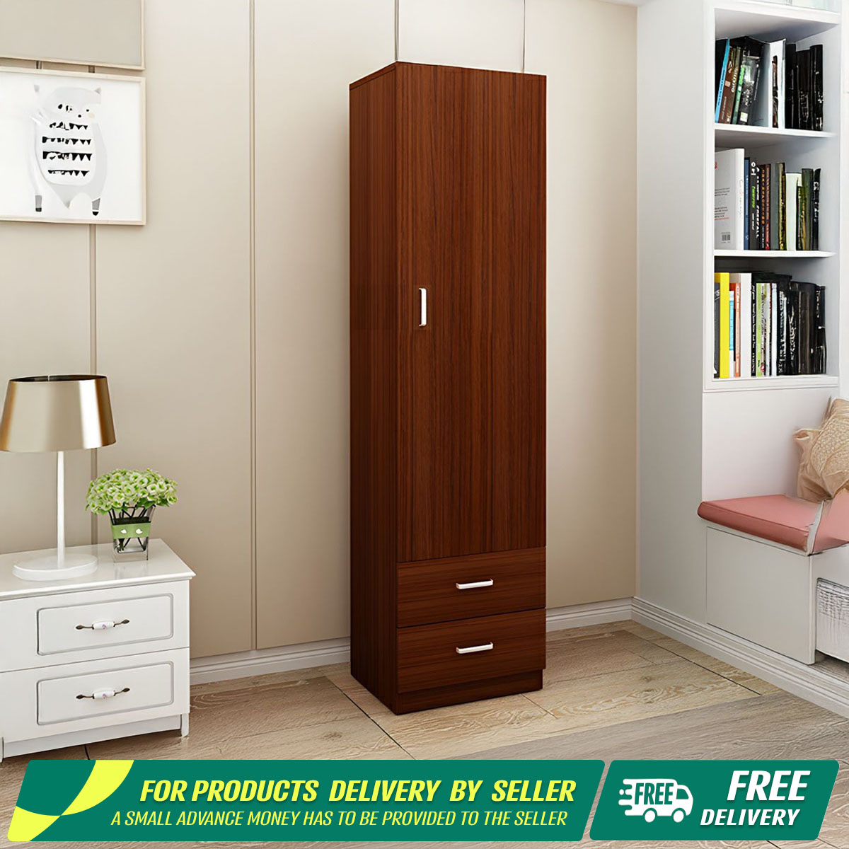 72*18 Sleek Single-Part Almirah Cupboard 1 Door 2 Drawer Almari Cabinet ...