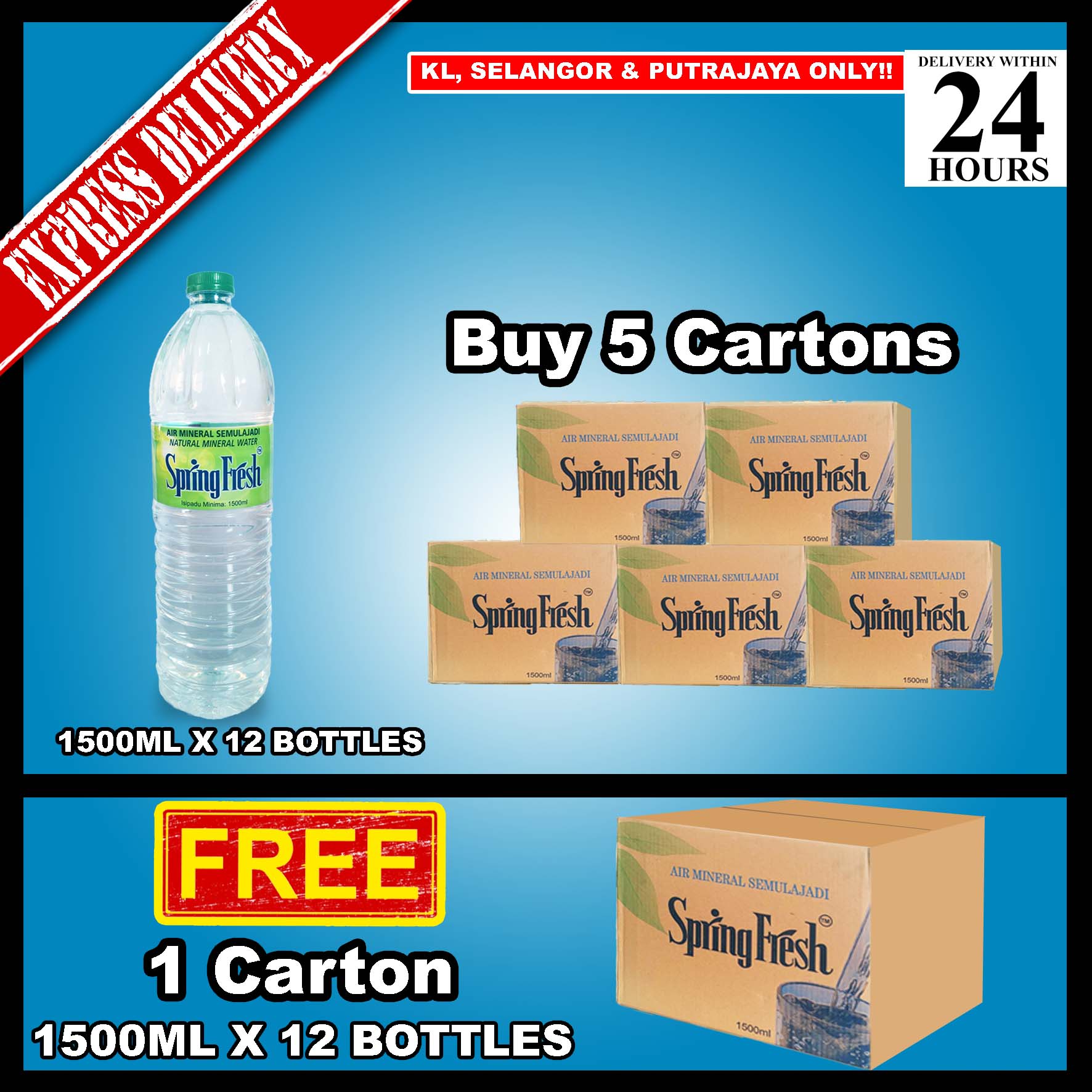 BUNDLE OF 5 CARTONS : SPRING FRESH MINERAL WATER 1500ML x 12 BOTTLES ...