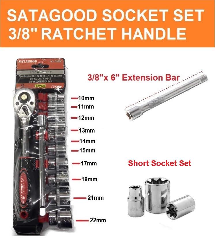 SATAGOOD 12PCS SET RATCHET WRENCH SOCKET SET 1/2", 3/8" & 1/4" / ALAT ...