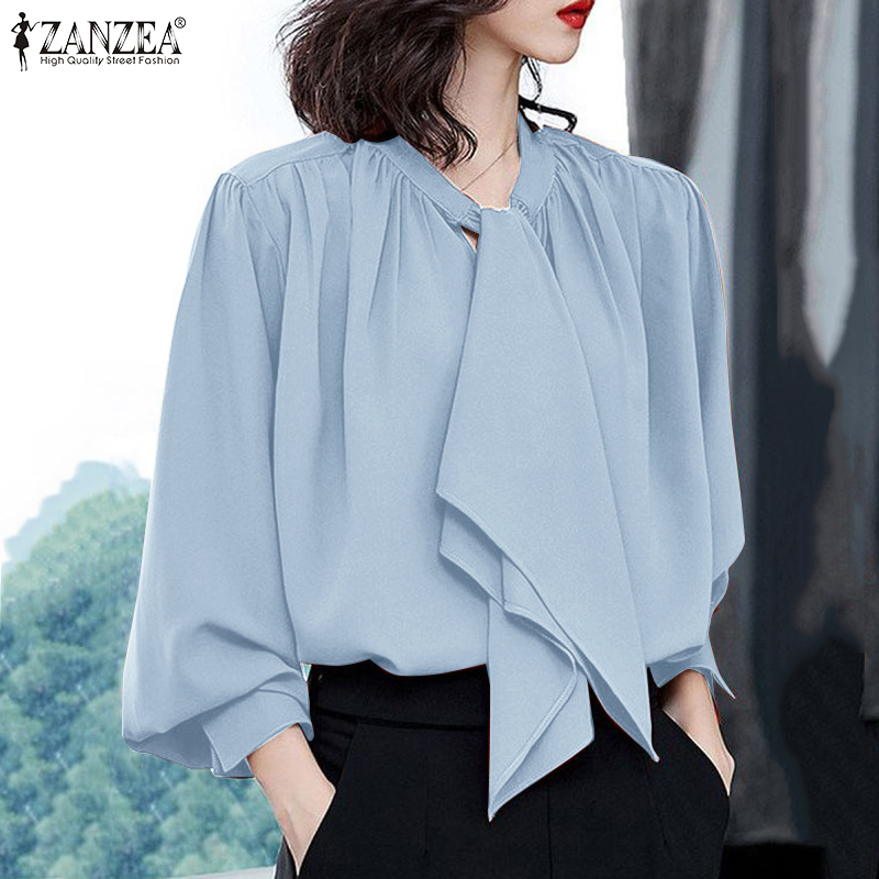 Celmia ZANZEA เสื้อเบลาส์ผูกคอปกแบบทางการสำหรับสไตล์เกาหลีของผู้หญิงใส่ ...