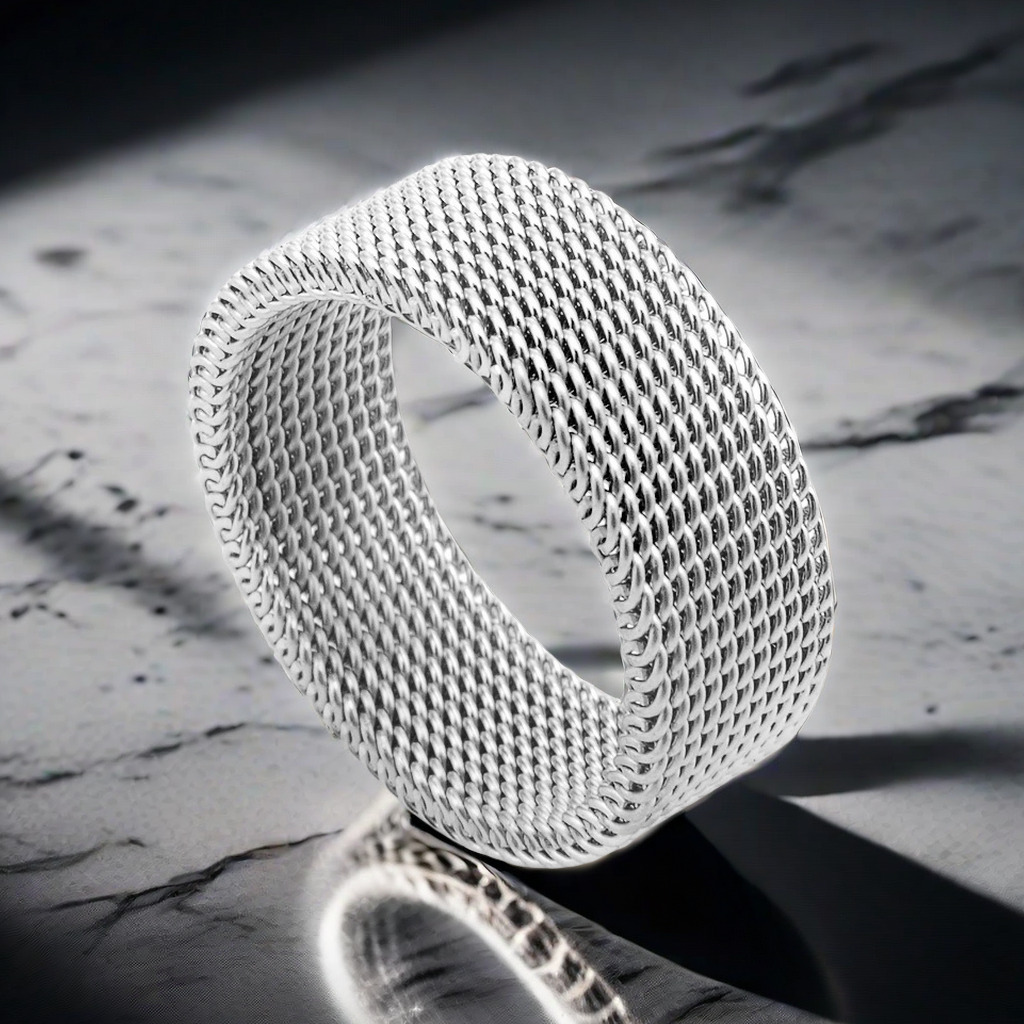 8mm grid stainless steel elastic ring hollow gold ring men's non-fading ...