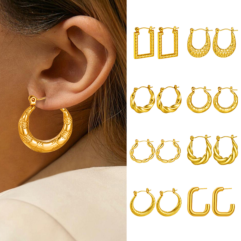 Stainless Steel Minimalism Style Gold Chunky Hoops Geometric Earring ...