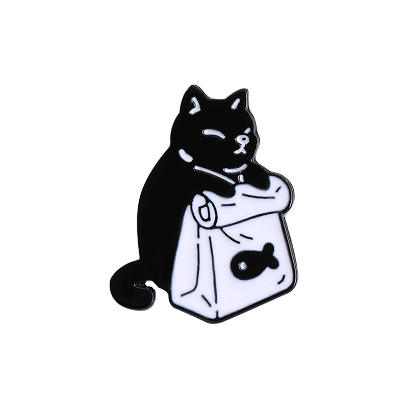 Feed Myself Enamel Pins Cute Black White Cat Dried Fish Bag Brooches ...