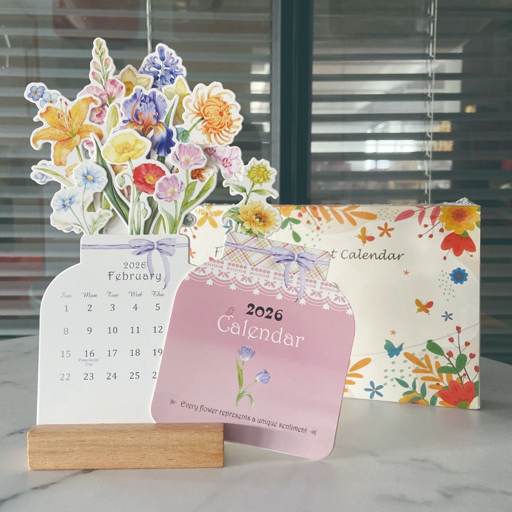 New Wooden Base Bloomy Flowers Desk Calendar Vase Shaped Floral Theme ...