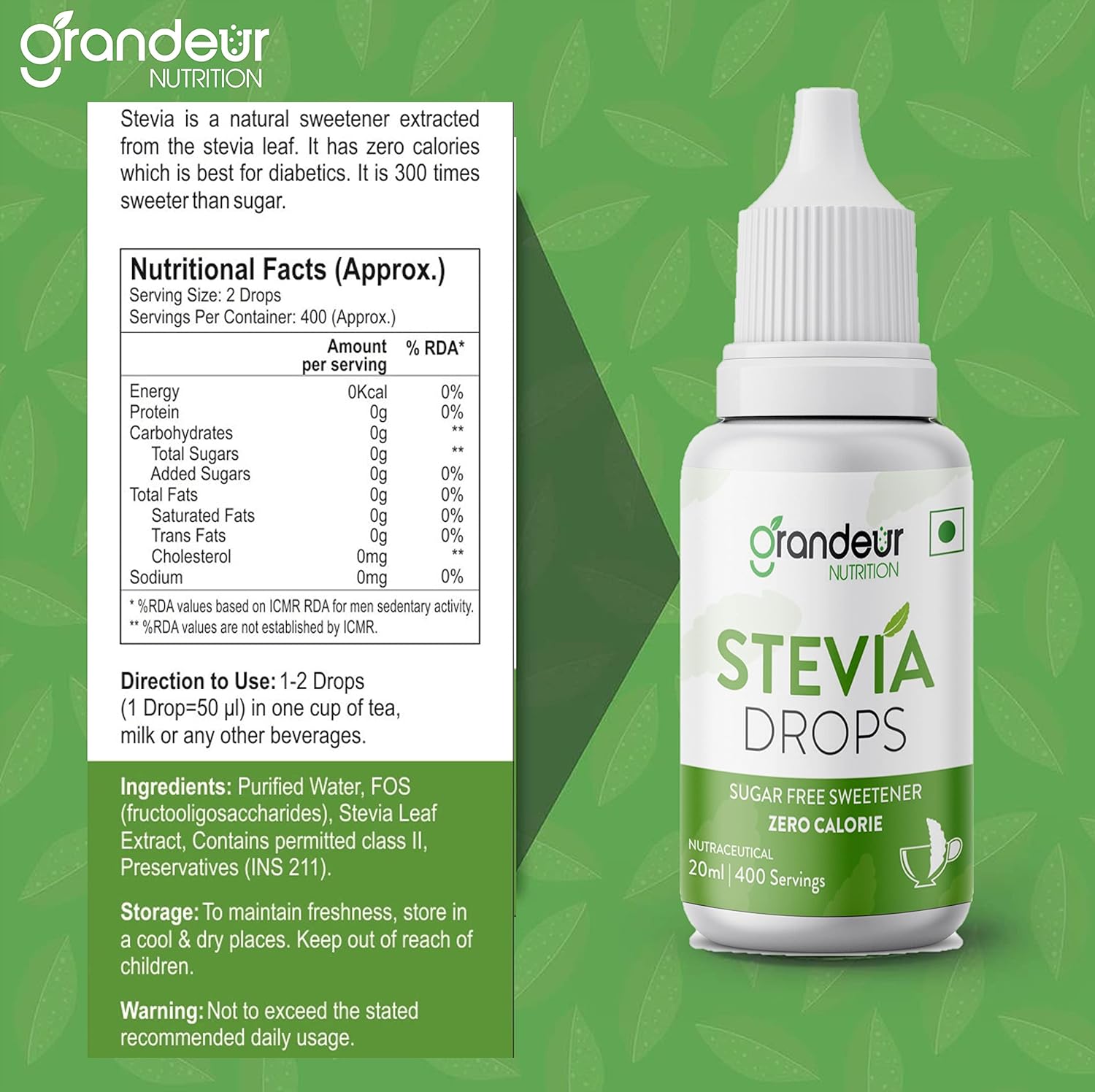 Grandeur Zero Colorie Sugar Free Stevia Drops, No Maltodextrin No ...