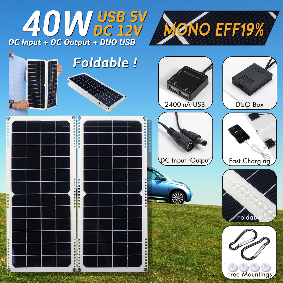 40W 12V HOT SELL Mono Foldable Solar Panel Dual Universal Serial Bus ...
