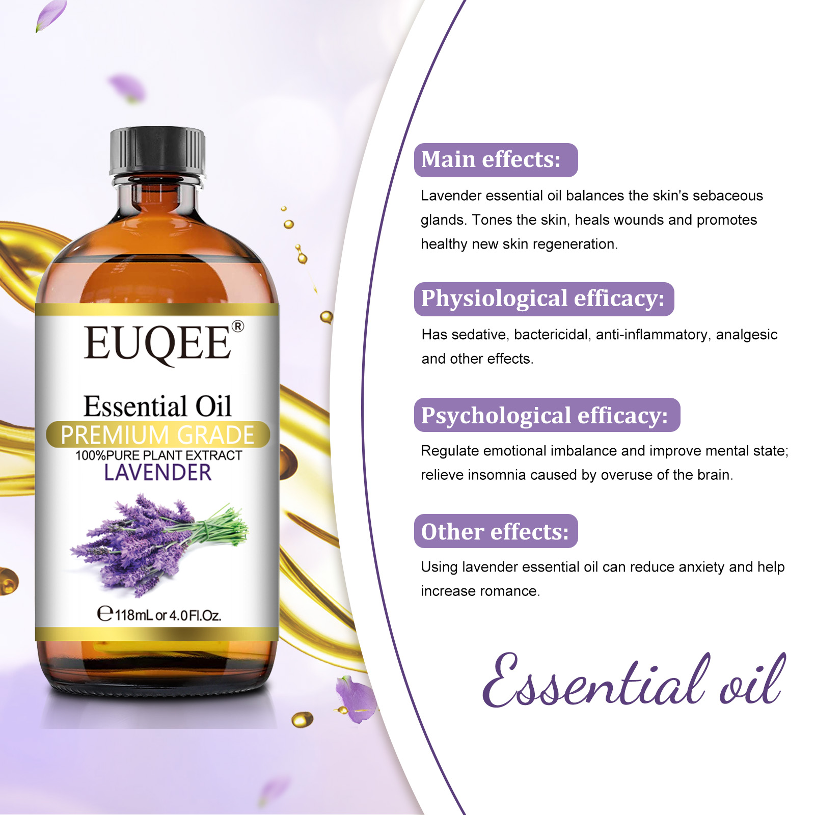 EUQEE 118ML Lavender Essential Oils with Glass Dropper Jasmine ...