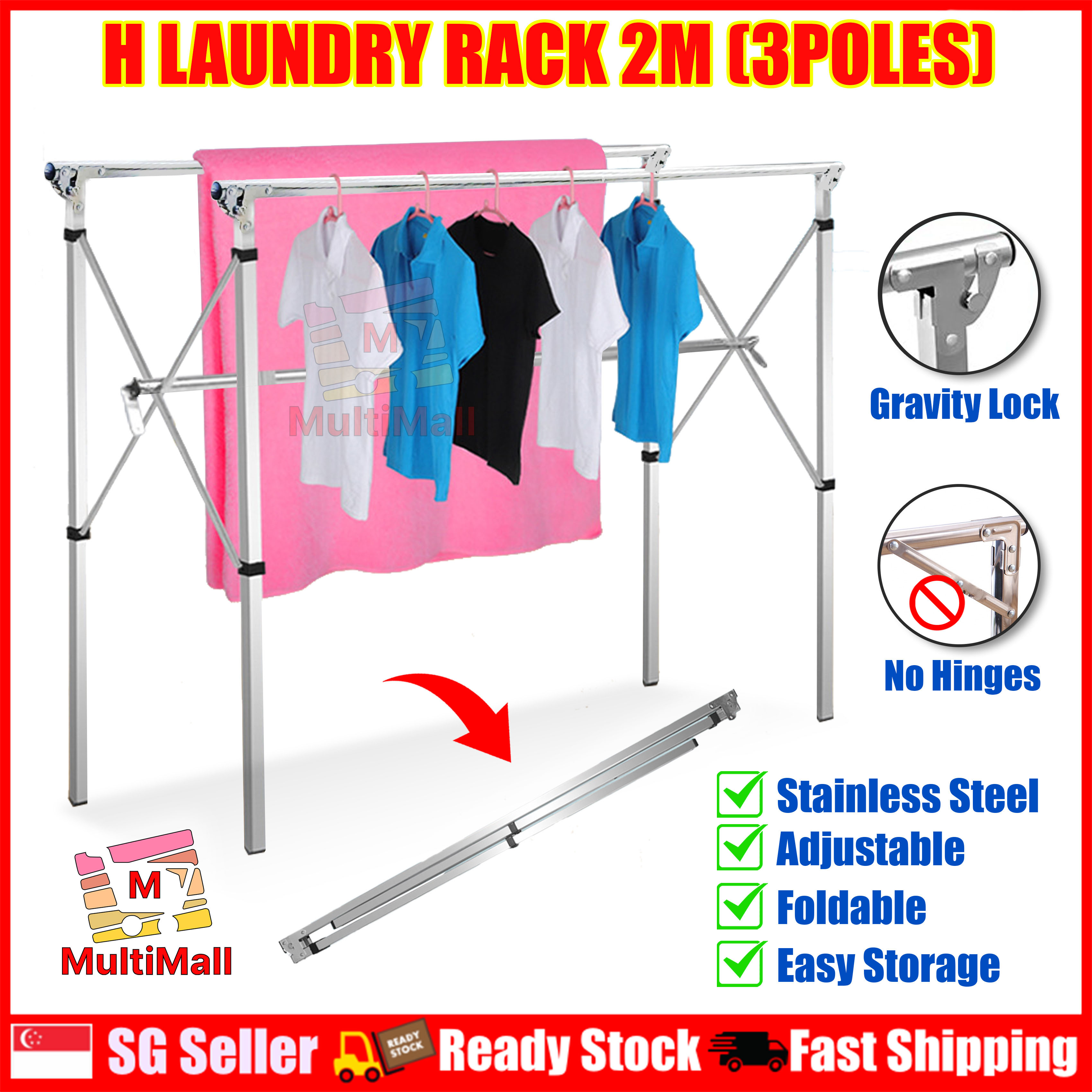 H MODEL - 2M ( 3 POLES NO WHEEL) Stainless Steel Extendable Drying Rack ...