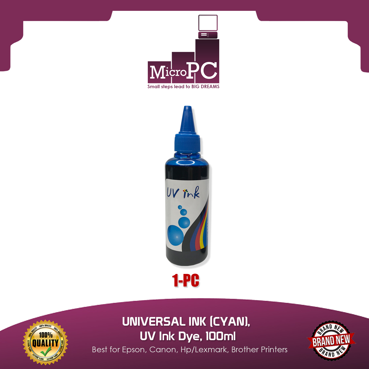 UNIVERSAL INK (CYAN), UV Ink Dye, 100ml, Best for Epson, Canon, Hp ...