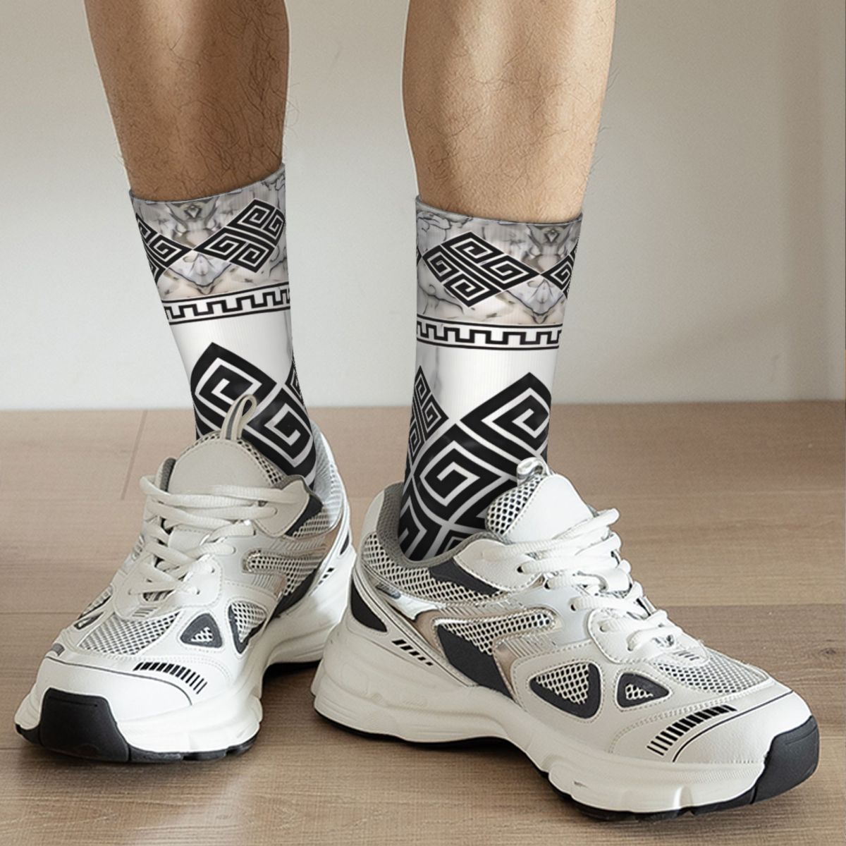 Crazy Sock for Men Greek Key Black And White Marble Hip Hop Harajuku ...