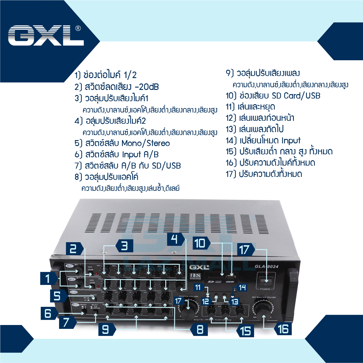 GXL เพาเวอร์ปแอมป์ รุ่น GLA-9024New (BT) กำลังขับ 100Wx2 คาราโอเกะ ...