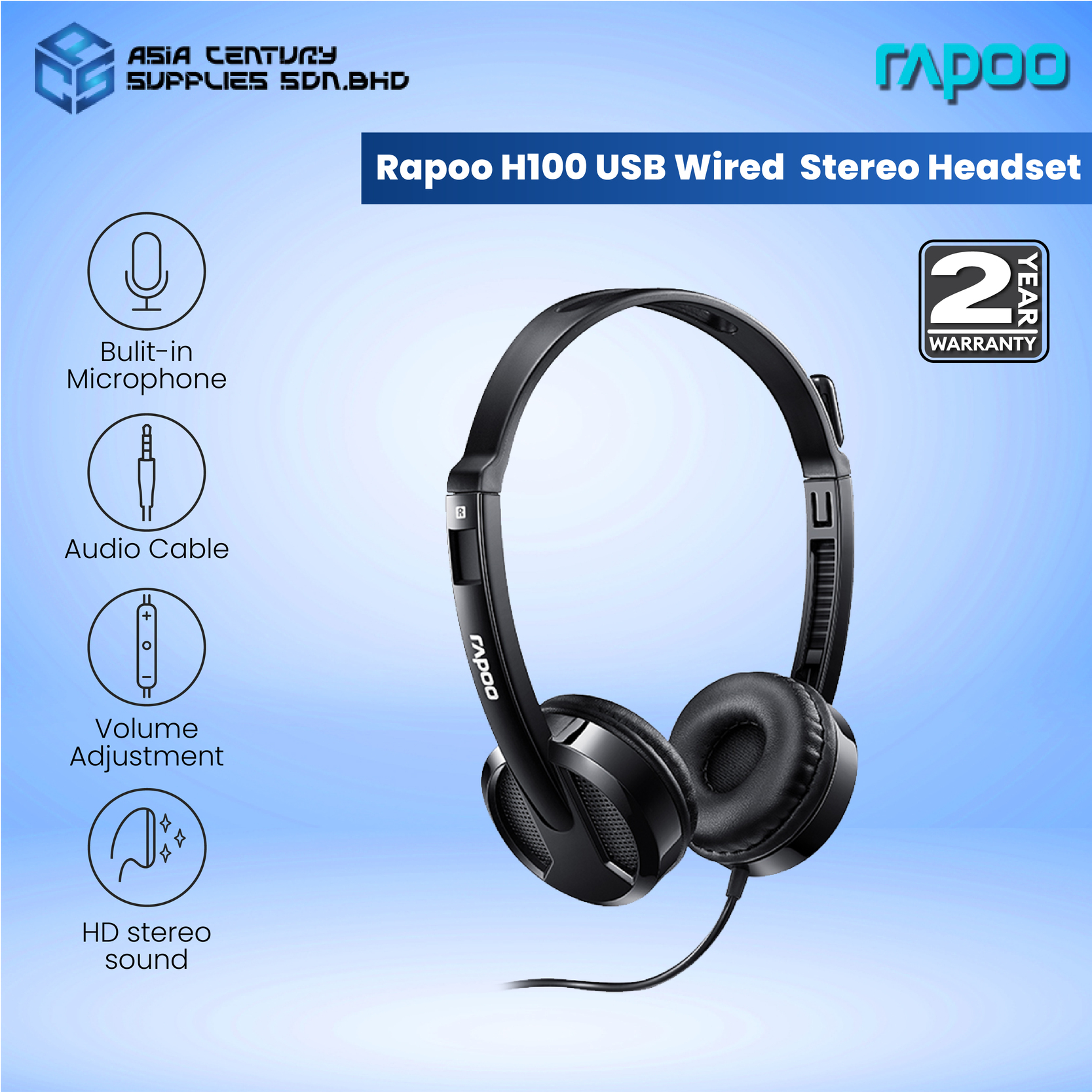 Rapoo H100 Wired Stereo Headsets with HD Voice Rotary Microphone Volume ...