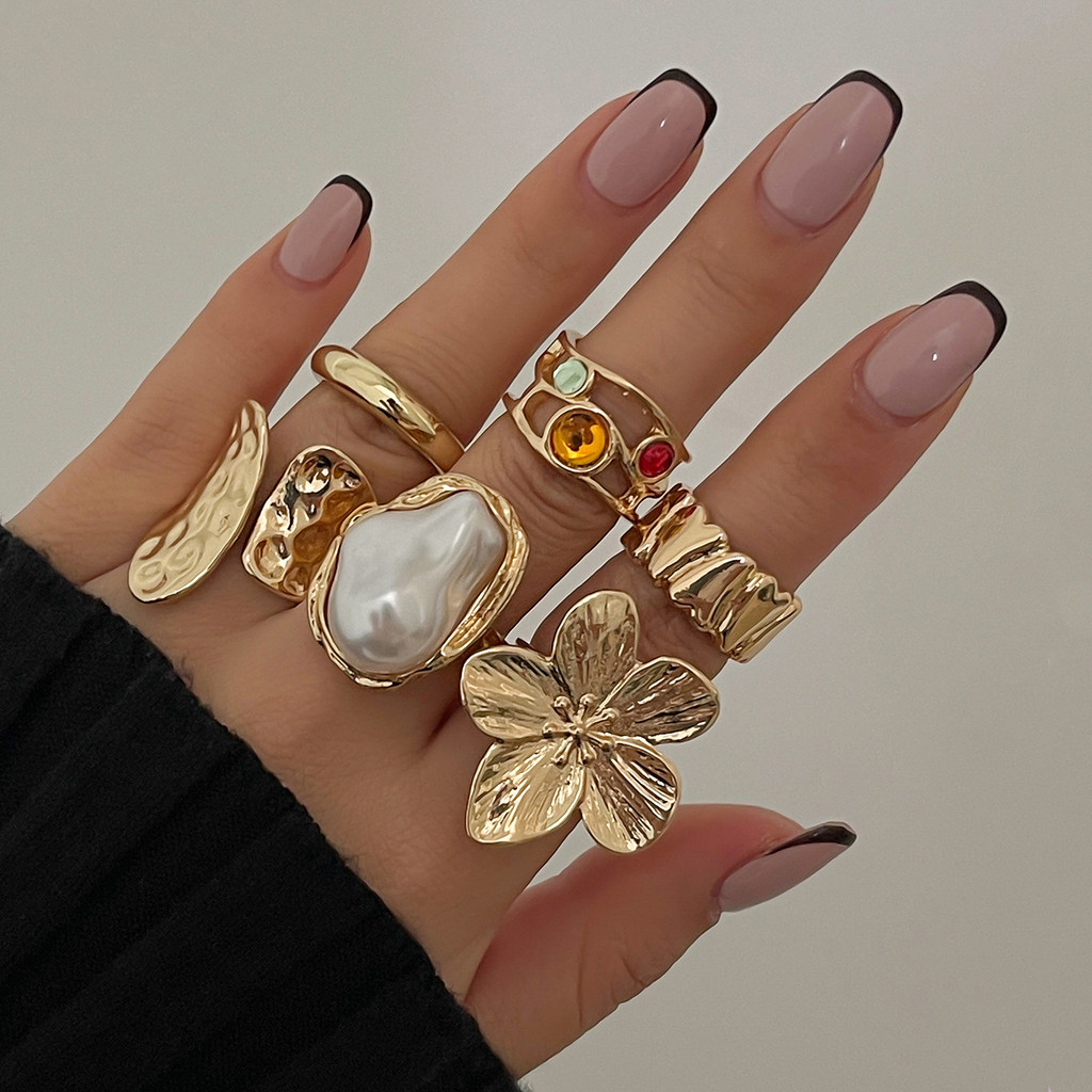 6Pcs/Set Vintage Flower Metal Irregular Geometry Rings Baroque ...