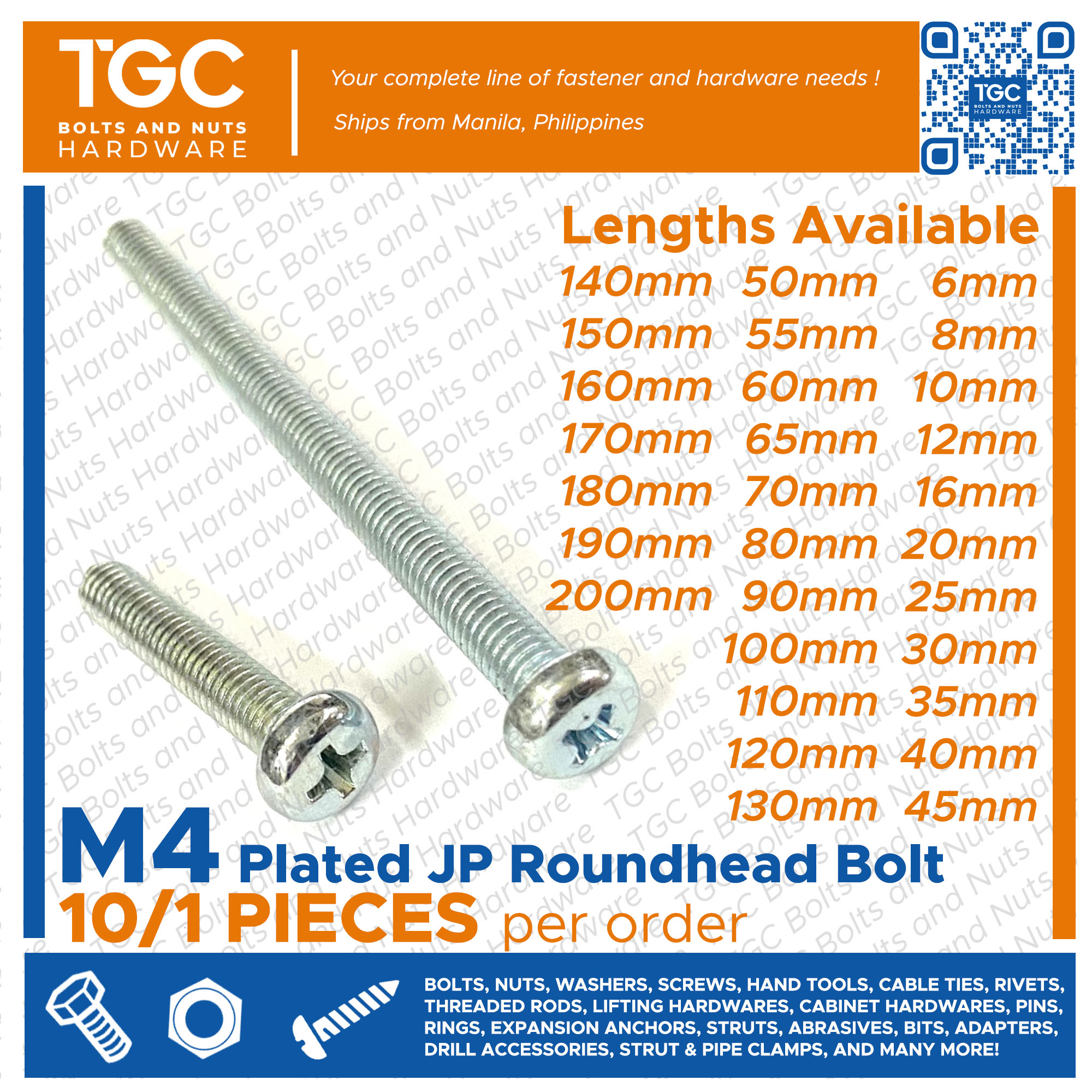 TGC 50/10PCS GI JP Bolt M4 ( 4mm ) x 6~210mm Roundhead | JP Bolt ...