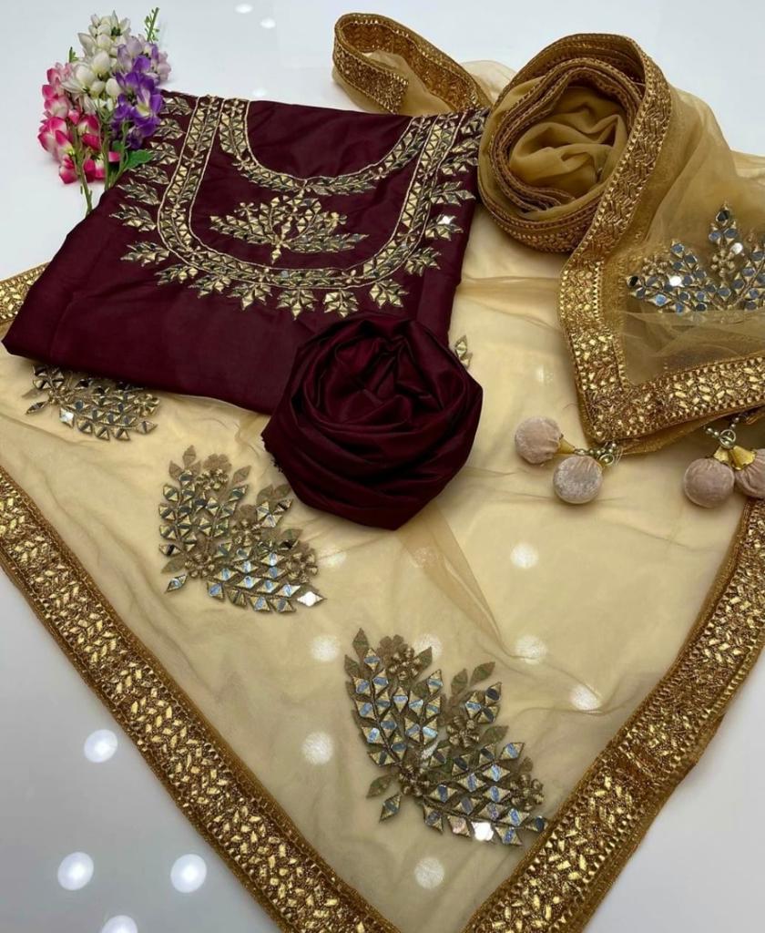 3 Piece Unstiched Suit for Women - Kataan Silk Mirror Work Shirt and ...