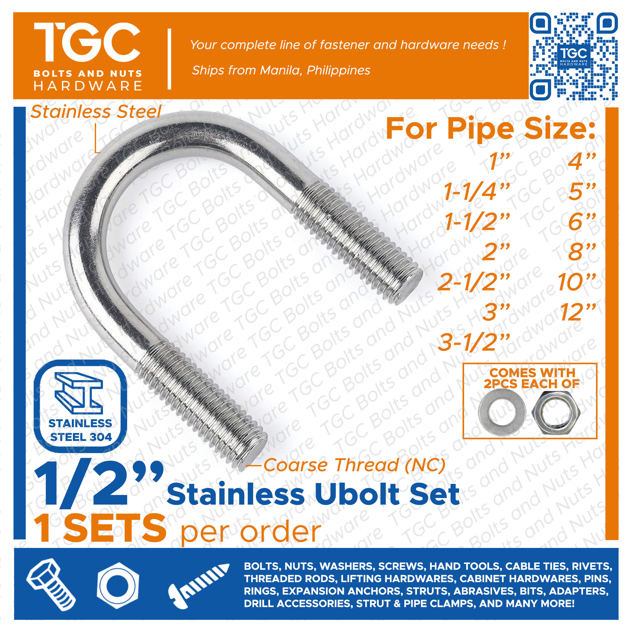 TGC 1PC SS Ubolt 1 2 In X 1 10 Inches Pipe Stainless U Bolt SS304 U TGC 1PC SS Ubolt 1 2 In X 1 10 Inches Pipe Stainless U Bolt SS304 U