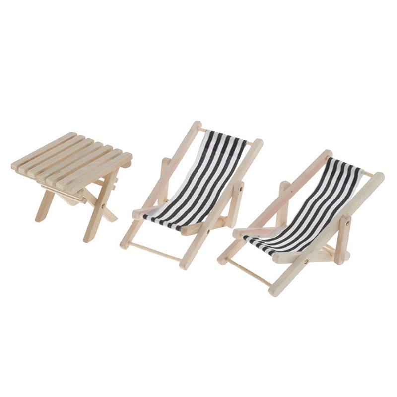 1:12 Mini Foldable Wood Beach Chair Recliner Sunbathing Chair Chaise ...
