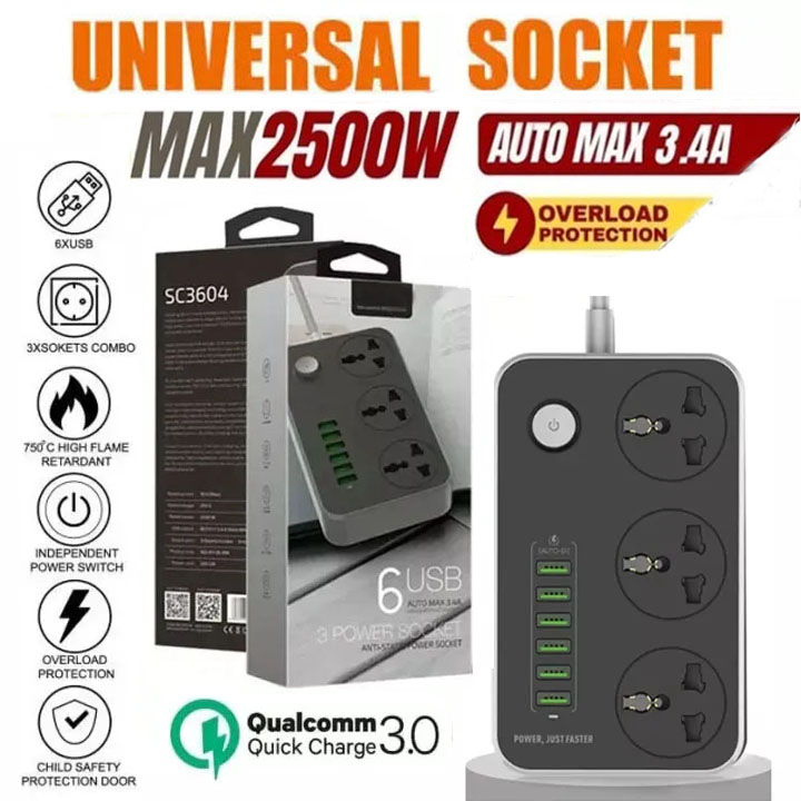 Universal Power Strip with 6 USB Charger 5V 3.4A Surge Protector 2 ...