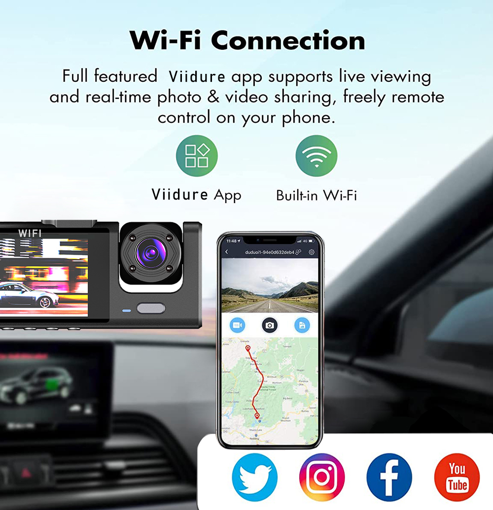 Wifi 3 Channel Dash Cam Three Way Car DVR Inside Vehicle Camera DVRs ...