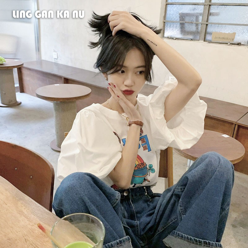LING GAN KA NU ผู้หญิงพัฟแขนเสื้อออกแบบเสื้อยืด 2022 IG สไตล์แฟชั่นฤดู ...