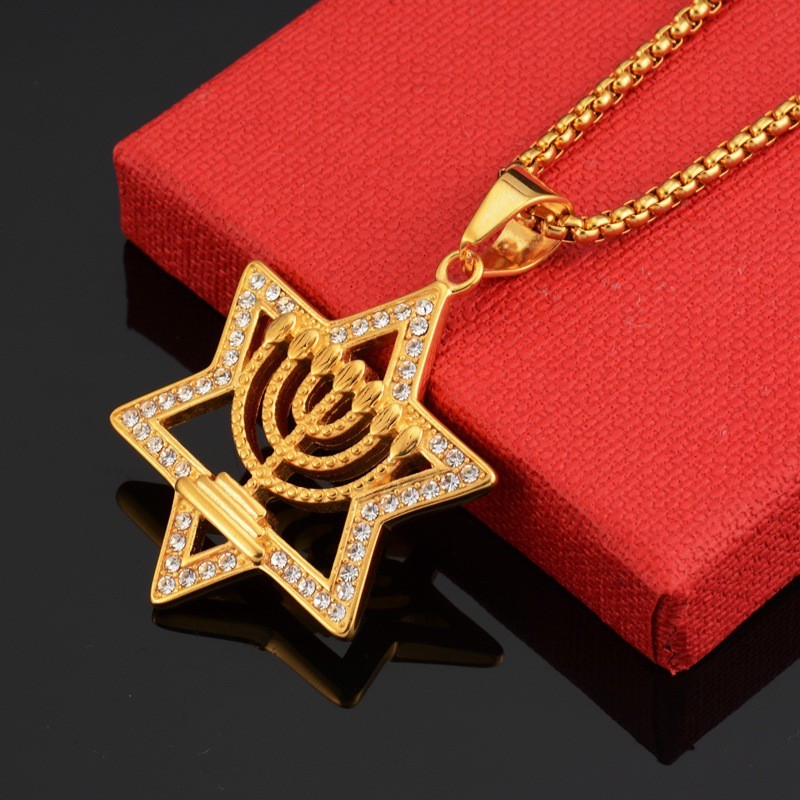 Menorah Happy Hanukkah Necklaces Golden Stainless Steel Jewelry Star Of ...