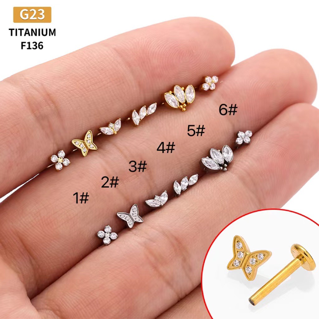 【Cheap】G23 Titanium Zircon Internal Thread Olive Crown Horse Eye Ear ...