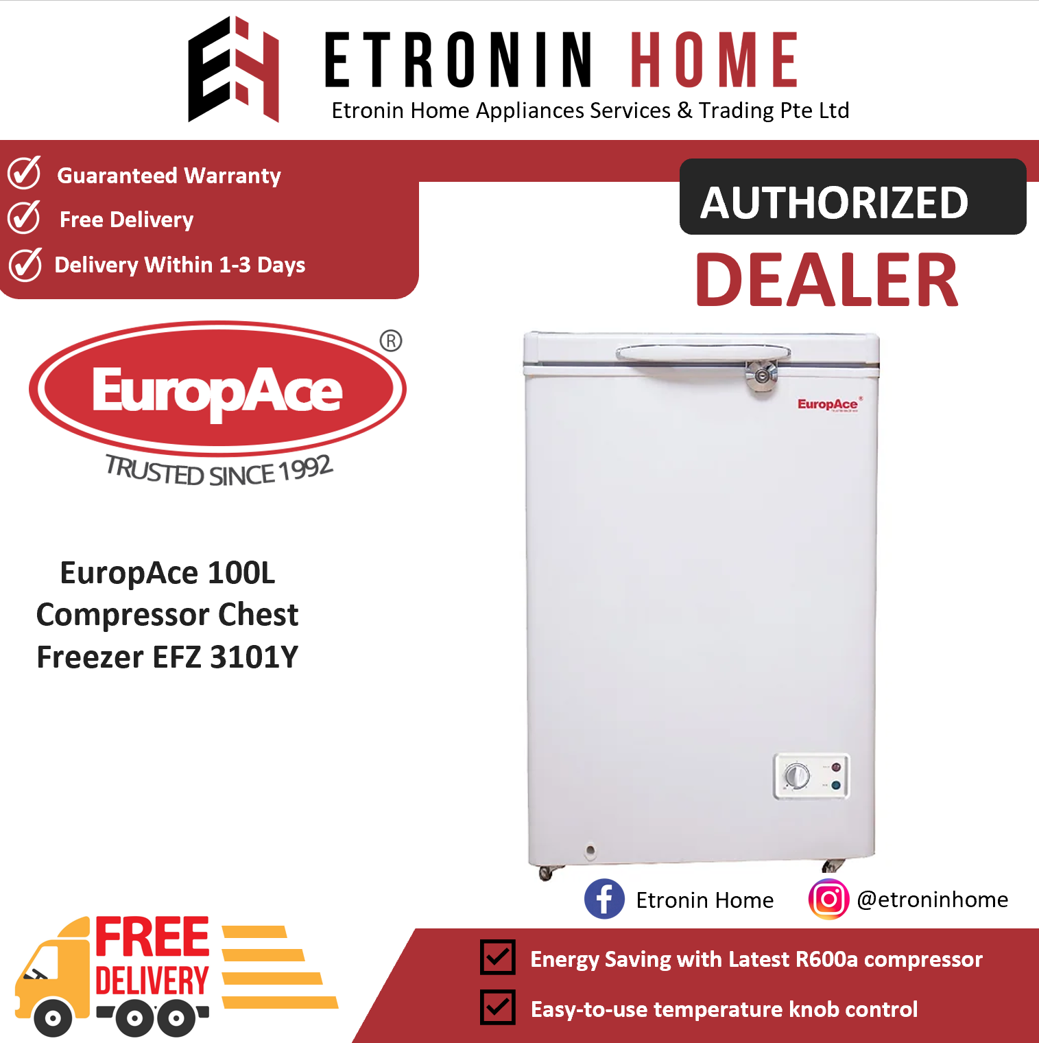 EuropAce 100L/215L Compressor Chest Freezer EFZ 3101Y/EFZ 3202Y ...