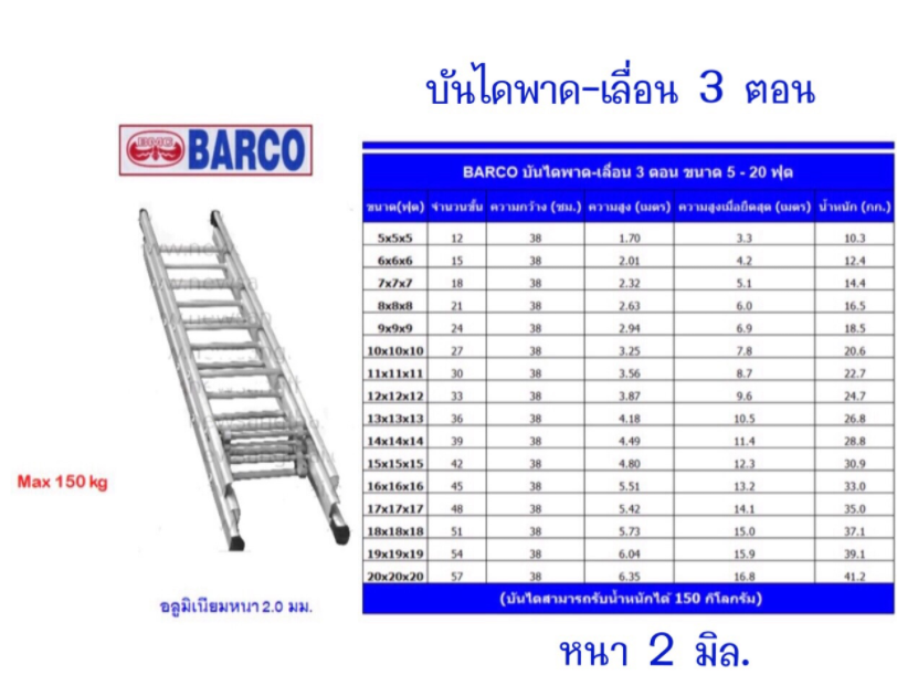 BARCO บันไดสไลด์ พาด-เลื่อน 3 ตอน (7*7*7 ฟุต) ยืดสุด 5.1 ม./ก่อนยืด 2. ...