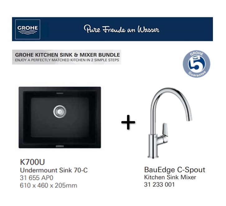 GROHE K700U Undermount Granite Sink Bundle With BauEdge Sink Mixer Tap ...