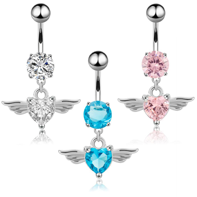14G Heart Wing Crystal Navel Belly Button Ring Barbell Body Piercing ...