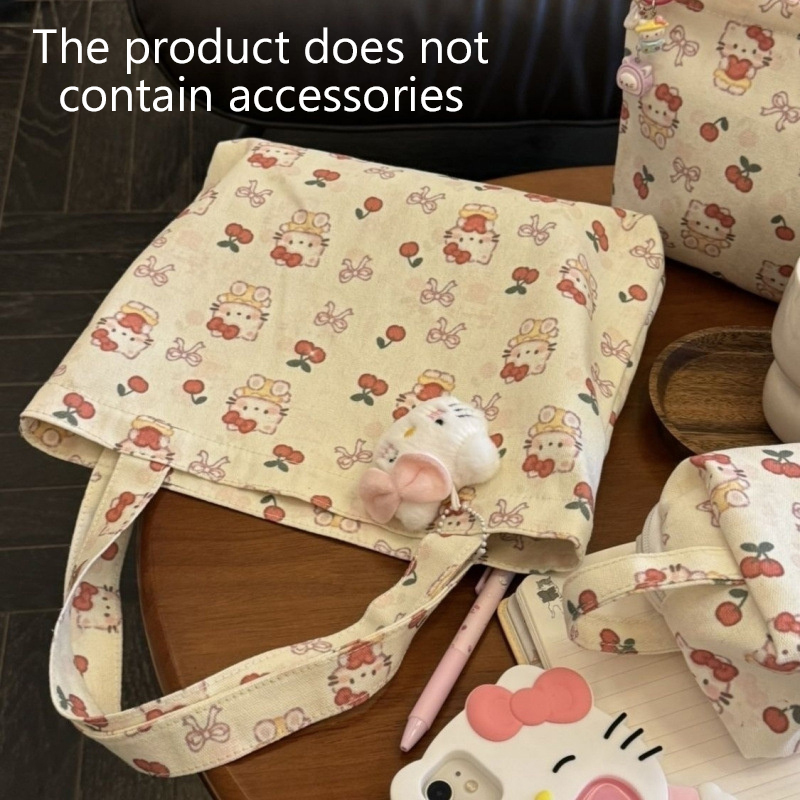 Printed Hello Kitty Handbag Kawaii Sanrio KT Cat Canvas Shoulder Bag Large Capacity Versatile ...