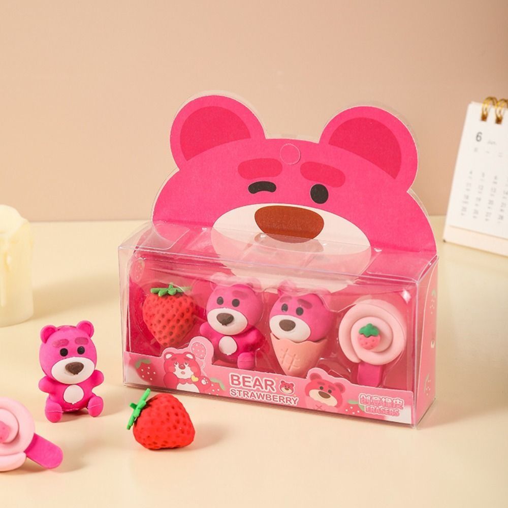 EDDY SONG Less Rubber Debris Cute Strawberry Bear Eraser Set Erasable ...
