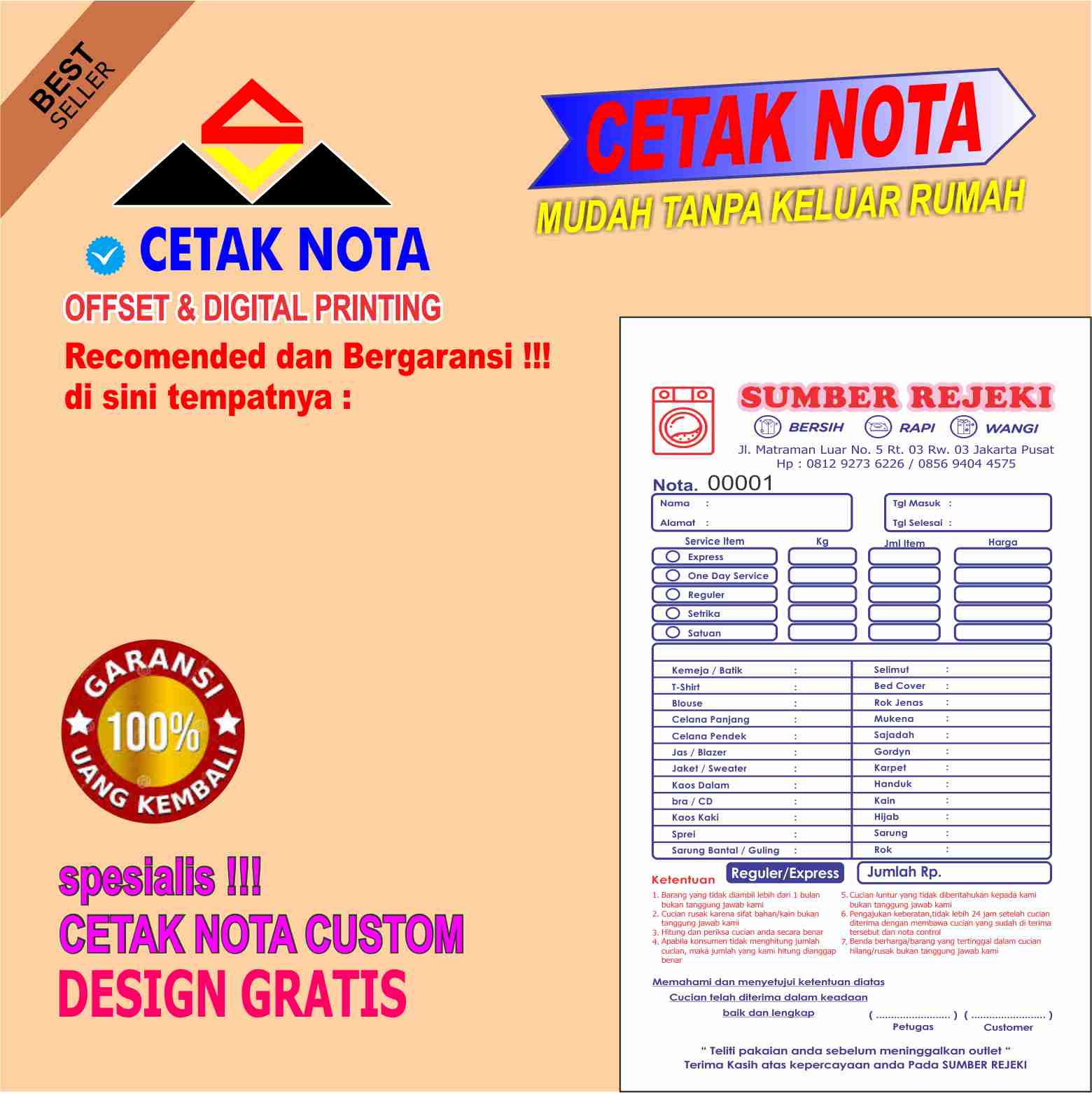 nota satuan/custom nota/nota laundy/bahan bangunan 3 ply 1/4F (full ...