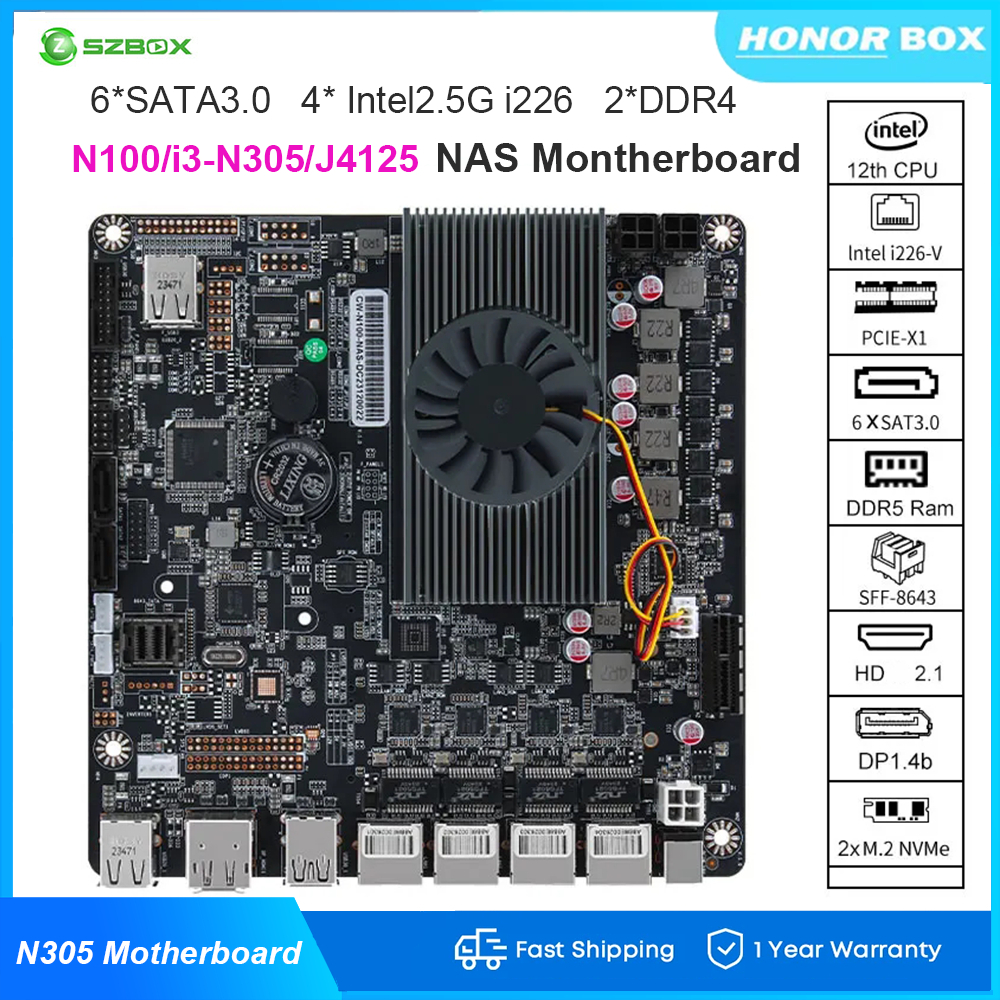SZBOX ITX J4125 NAS/DC-NAS N100/ /DC-NAS N305 NAS Montherboard 2x M.2 NVMe 6x SATA3.0 4x 2.5G ...