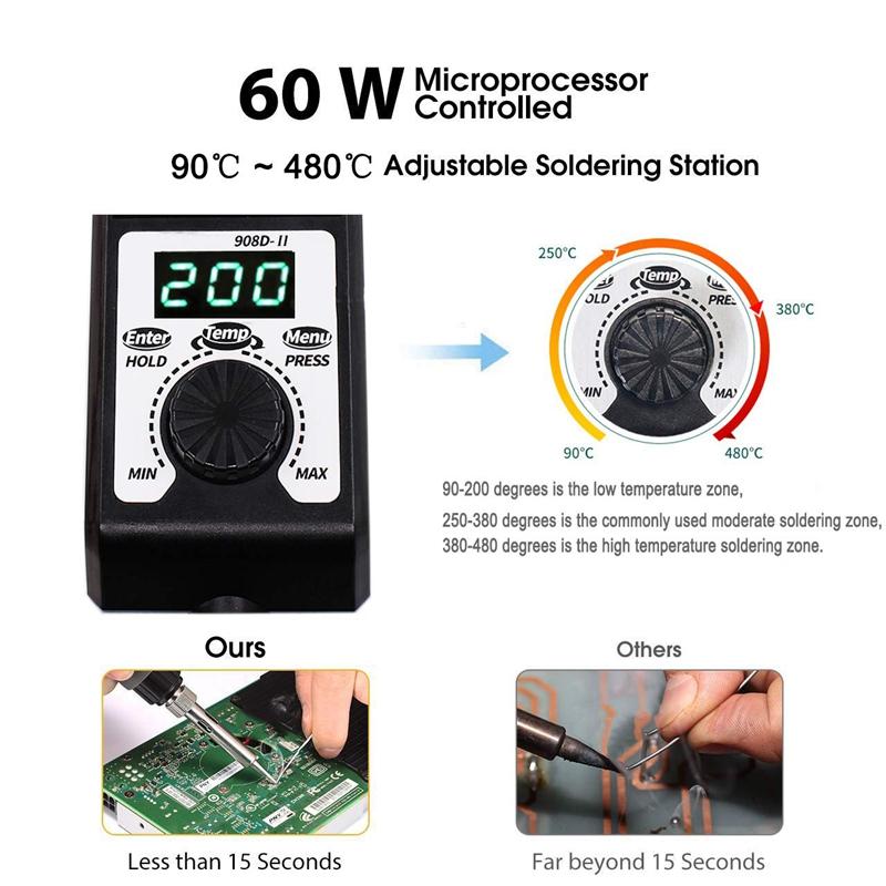 Yihua 908D-Ii 60W Soldering Iron Station Adjustable Temperature Soldering Station Detachable ...