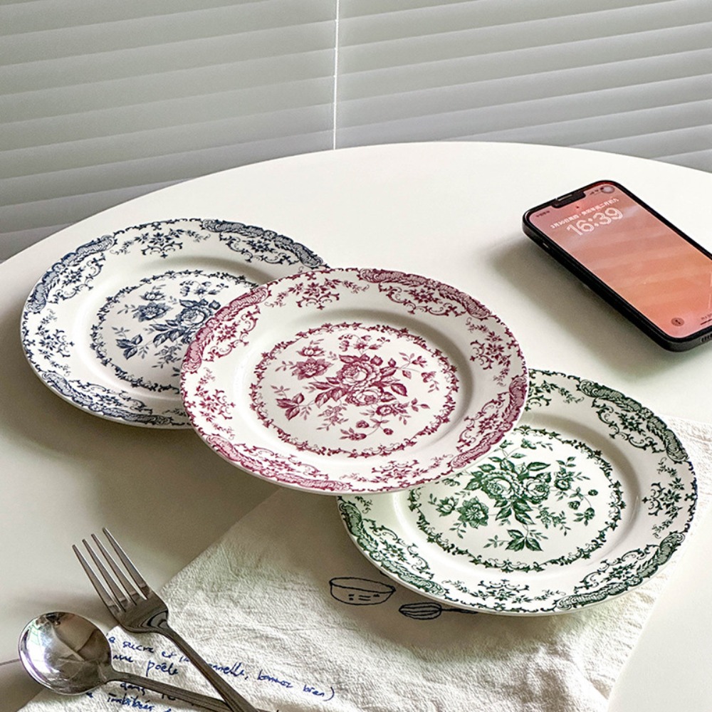 Creative Retro Nordic Flower Pattern Disc Round Elegant Dinner Plate ...