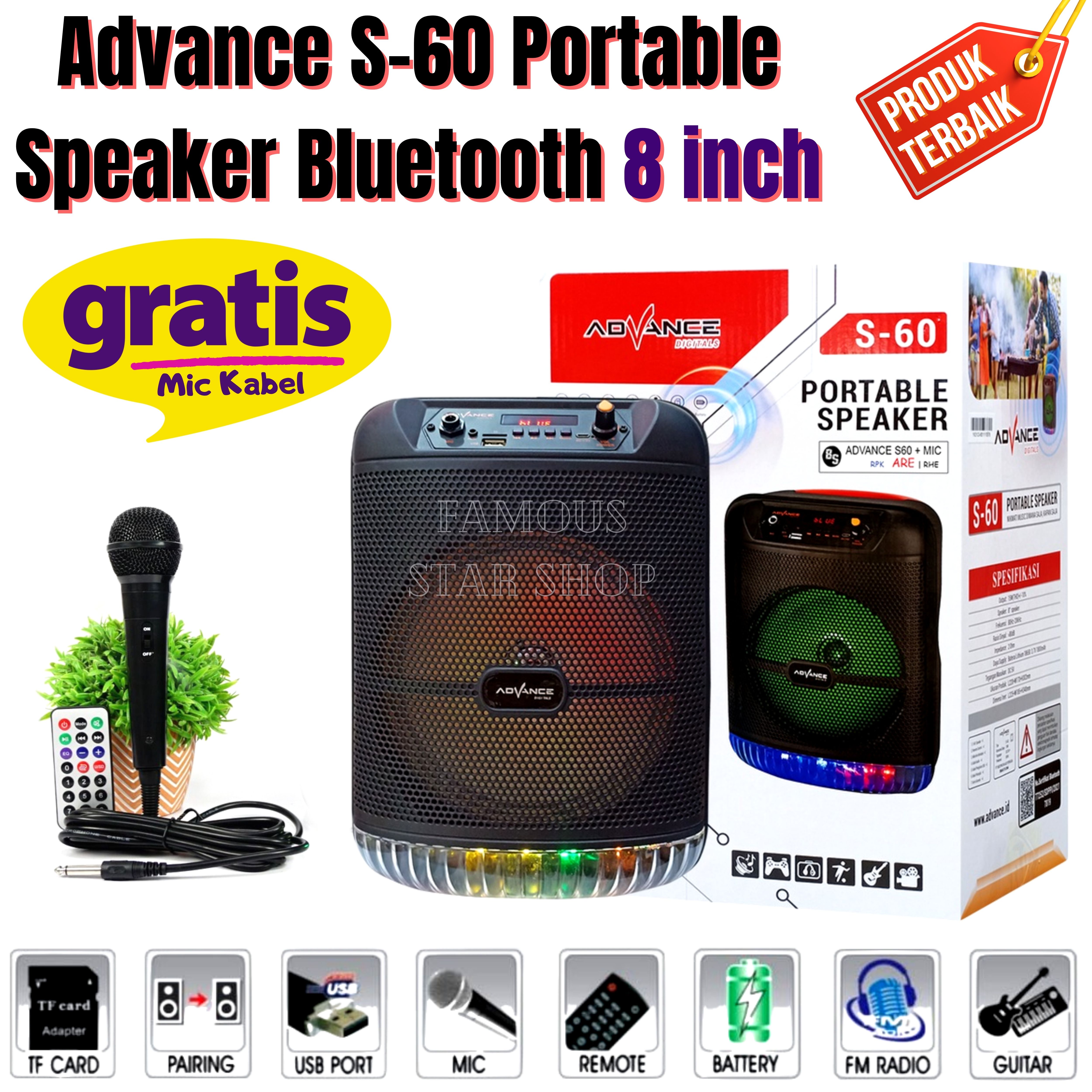 Speaker Advance S-60 | advance S60 Speaker Portable Ampli Meeting BLUETOOTH - 8 inch Bonus mic ...