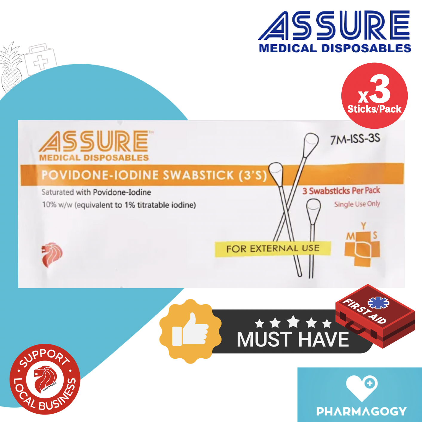 [1 PACKET] ASSURE POVIDONE IODINE SWABSTICK 3'S/Packet, IODINE SWABS ...