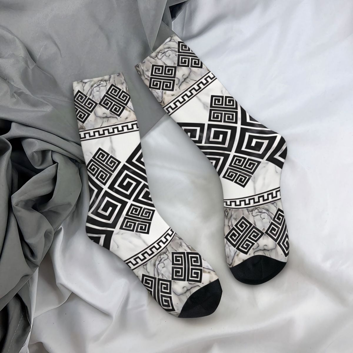 Crazy Sock for Men Greek Key Black And White Marble Hip Hop Harajuku ...