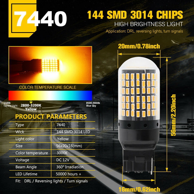 2X 7440 Canbus Super Bright Error Free LED Bulb T20 W21W 144 SMD for ...