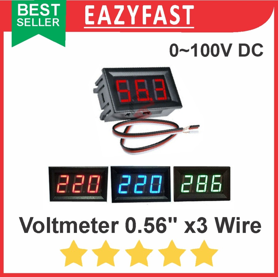 Voltmeter Digital DC 0.56" Inch 3 Kabel Wire Volt Meter Red Green Blue ...